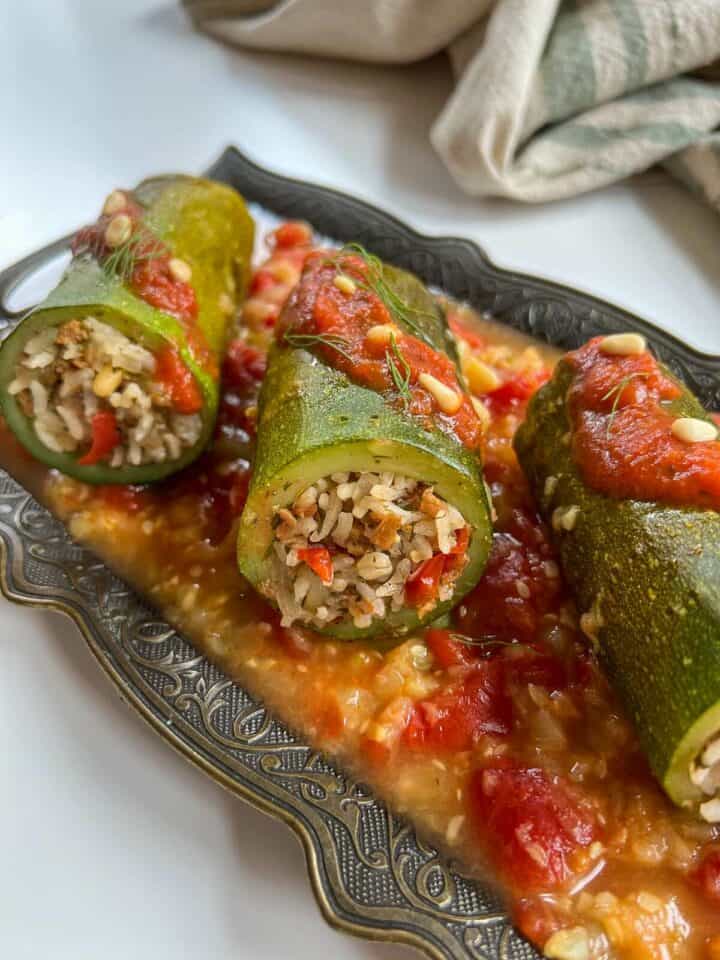 Middle Eastern Lebanese Stuffed Zucchini in Tomato Sauce (Vegan) | Our ...